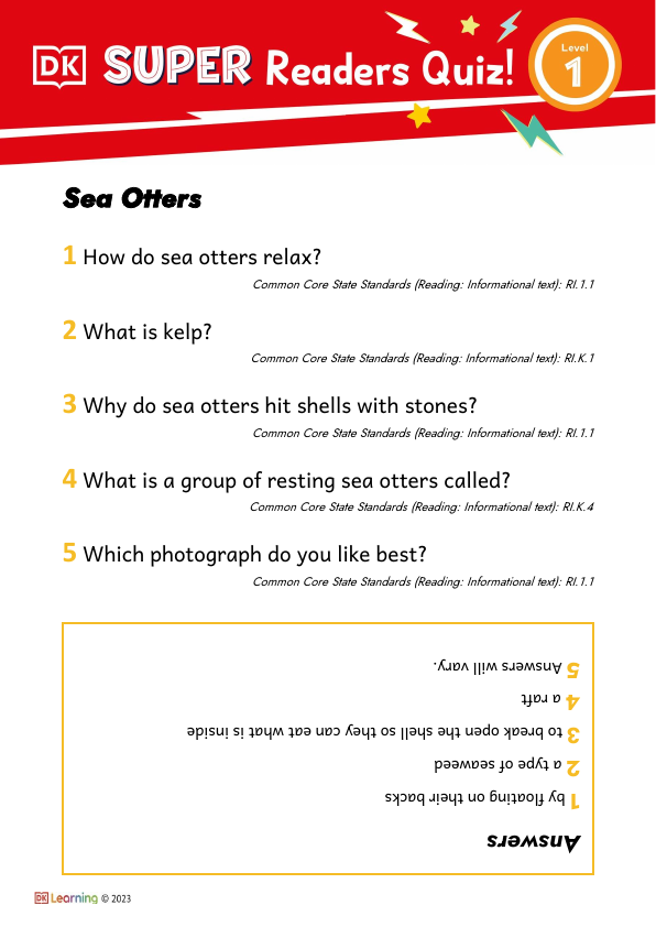 Level 1 Sea Otters Comprehension Quiz