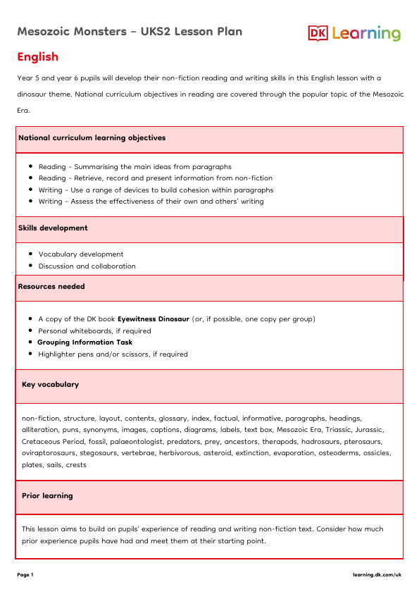 Mesozoic Monsters – UKS2 Lesson Plan