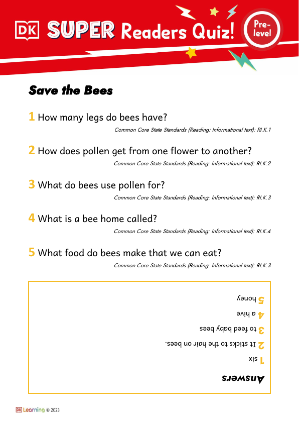 Pre-level Save the Bees Comprehension Quiz