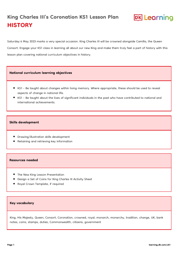 King Charles III’s Coronation KS1 Lesson Plan