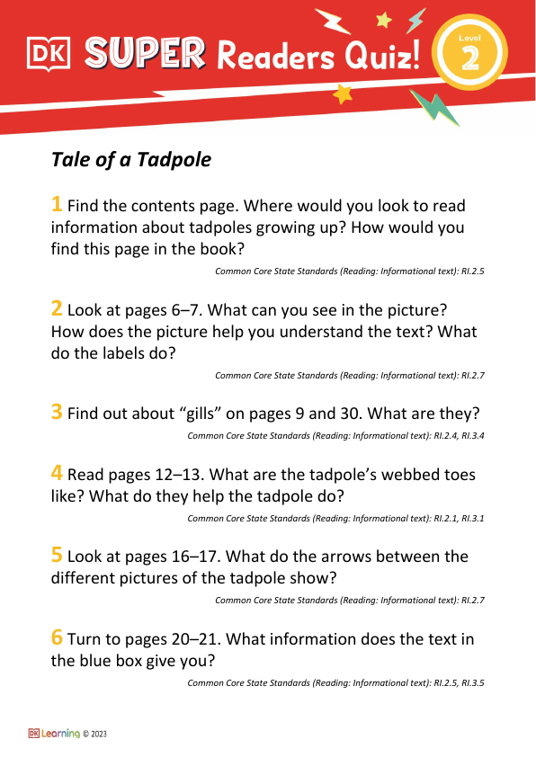Level 2 Tale of a Tadpole Comprehension Quiz