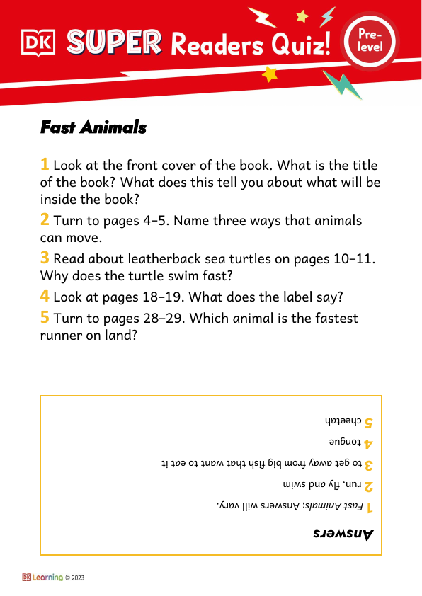 Pre-Level Fast Animals Comprehension Quiz