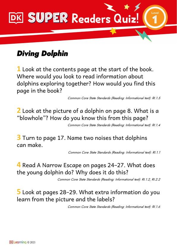 Level 1 Diving Dolphin Comprehension Quiz