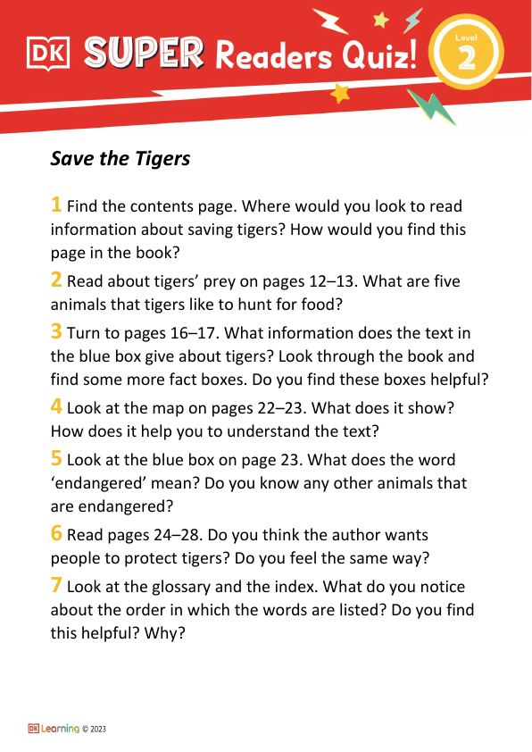 Level 2 Save the Tigers Comprehension Quiz