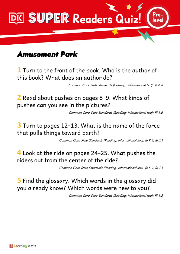 Pre-level Amusement Park Comprehension Quiz
