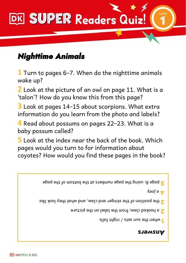 Level 1 Nighttime Animals Comprehension Quiz