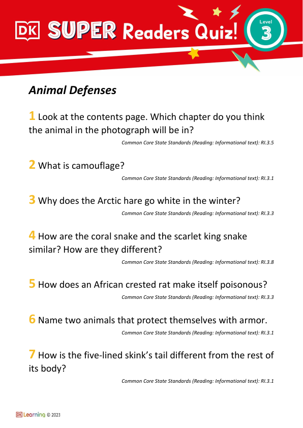 Level 3 Animal Defenses Comprehension Quiz