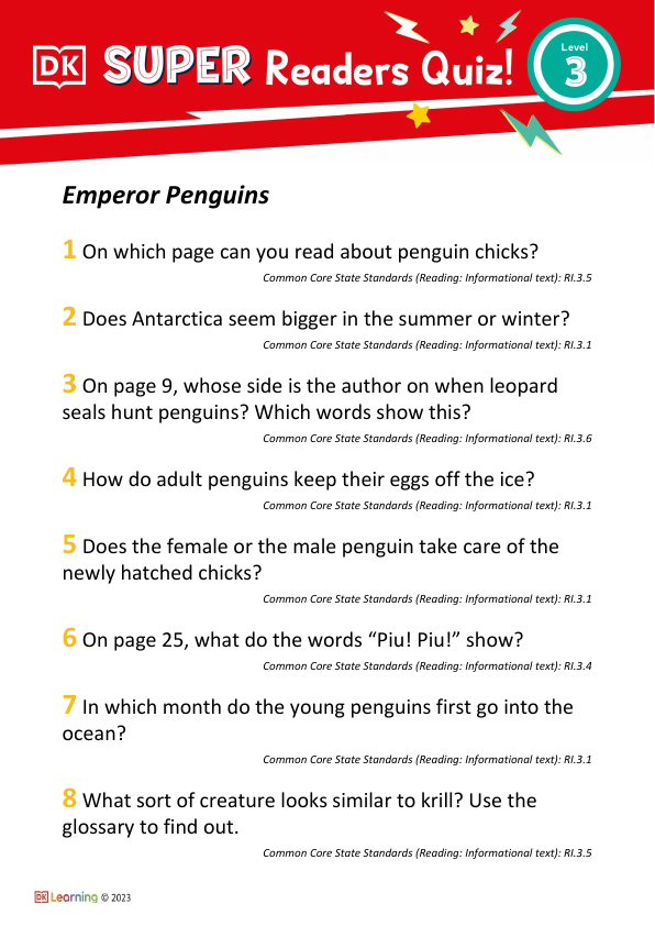Level 3 Emperor Penguins Comprehension Quiz