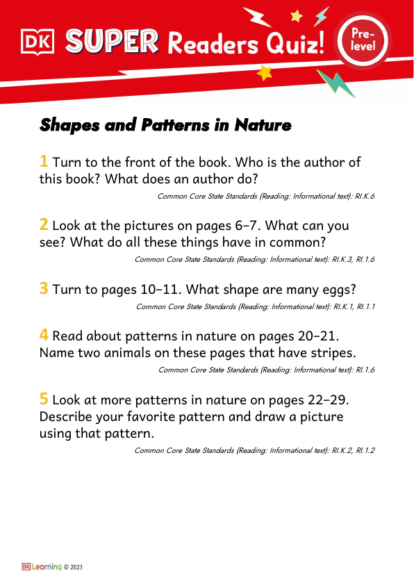 Pre-level Shapes and Patterns in Nature Comprehension Quiz