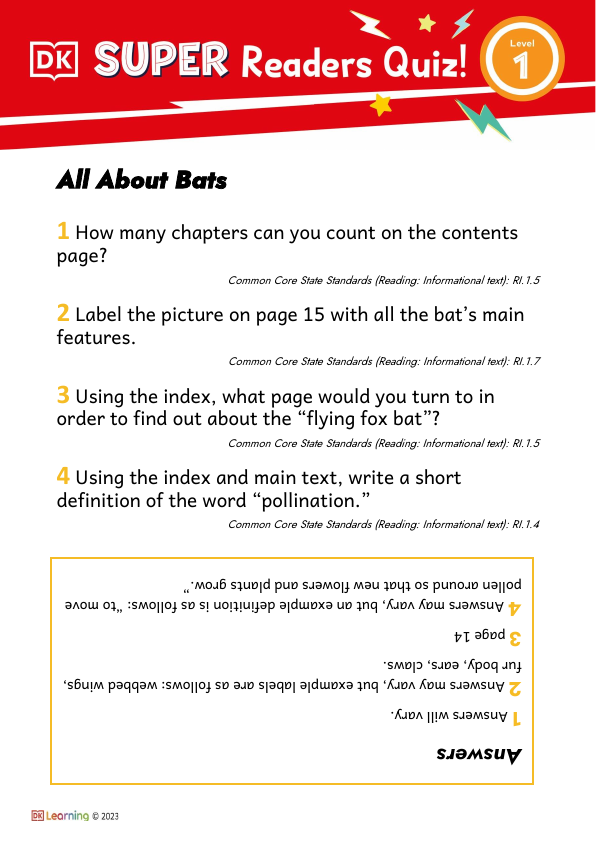 Level 1 All About Bats Comprehension Quiz