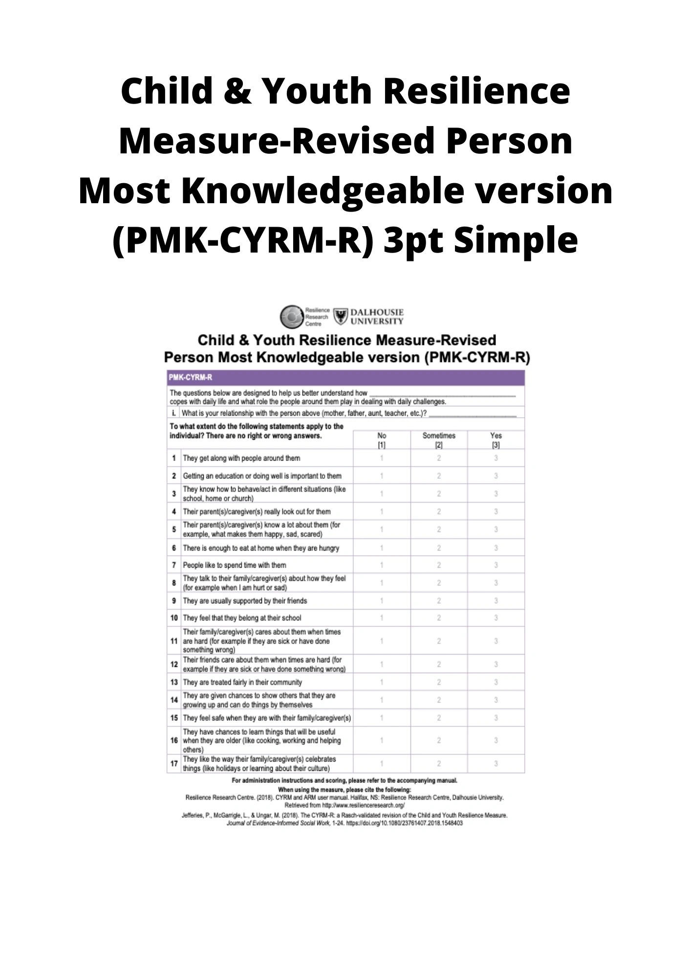 CHILD & YOUTH RESILIENCE MEASURE-REVISED PERSON MOST KNOWLEDGEABLE ...