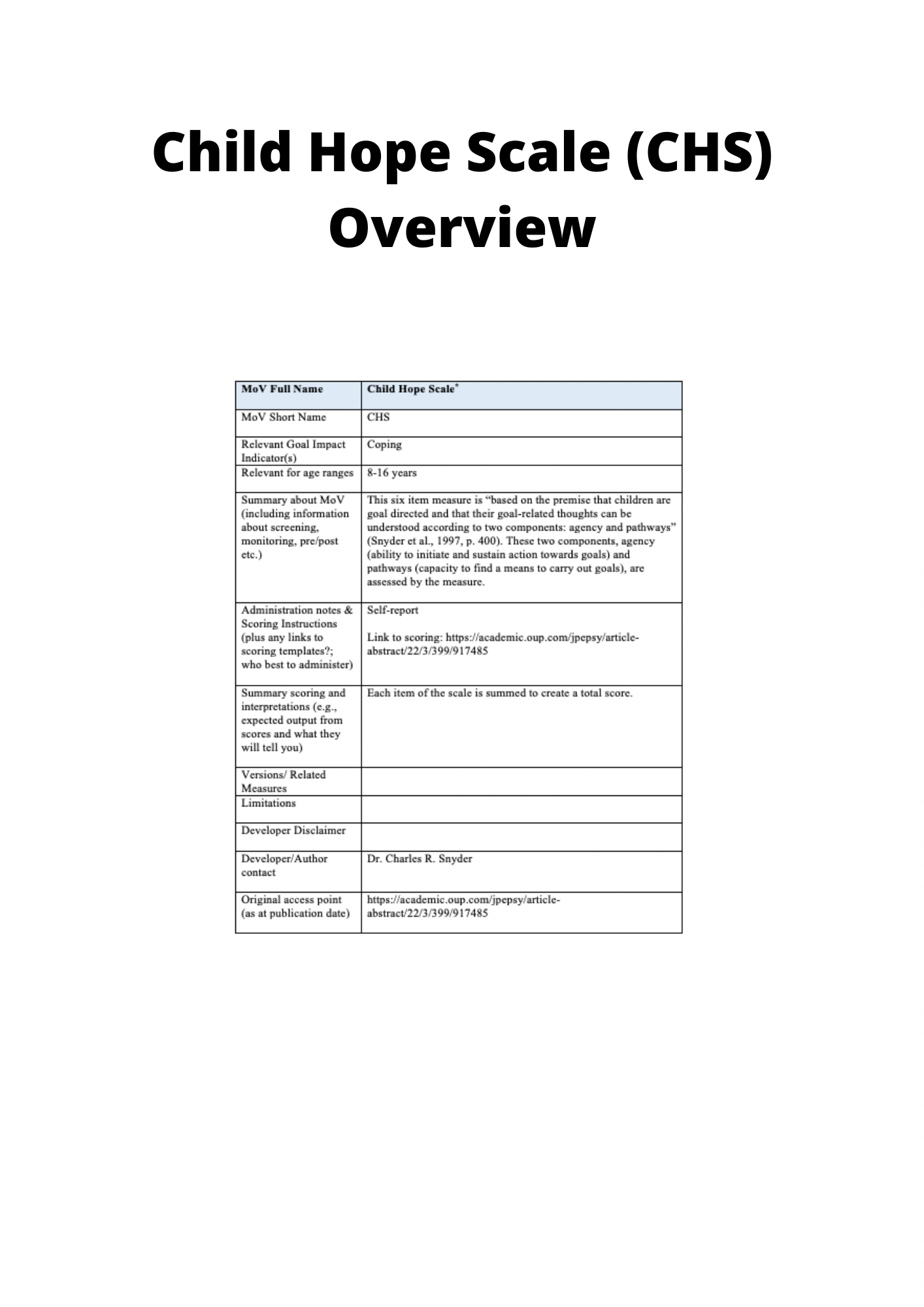 CHILDREN’S HOPE SCALE OVERVIEW - IASC MHPSS M&E FRAMEWORK MOV Toolkit ...