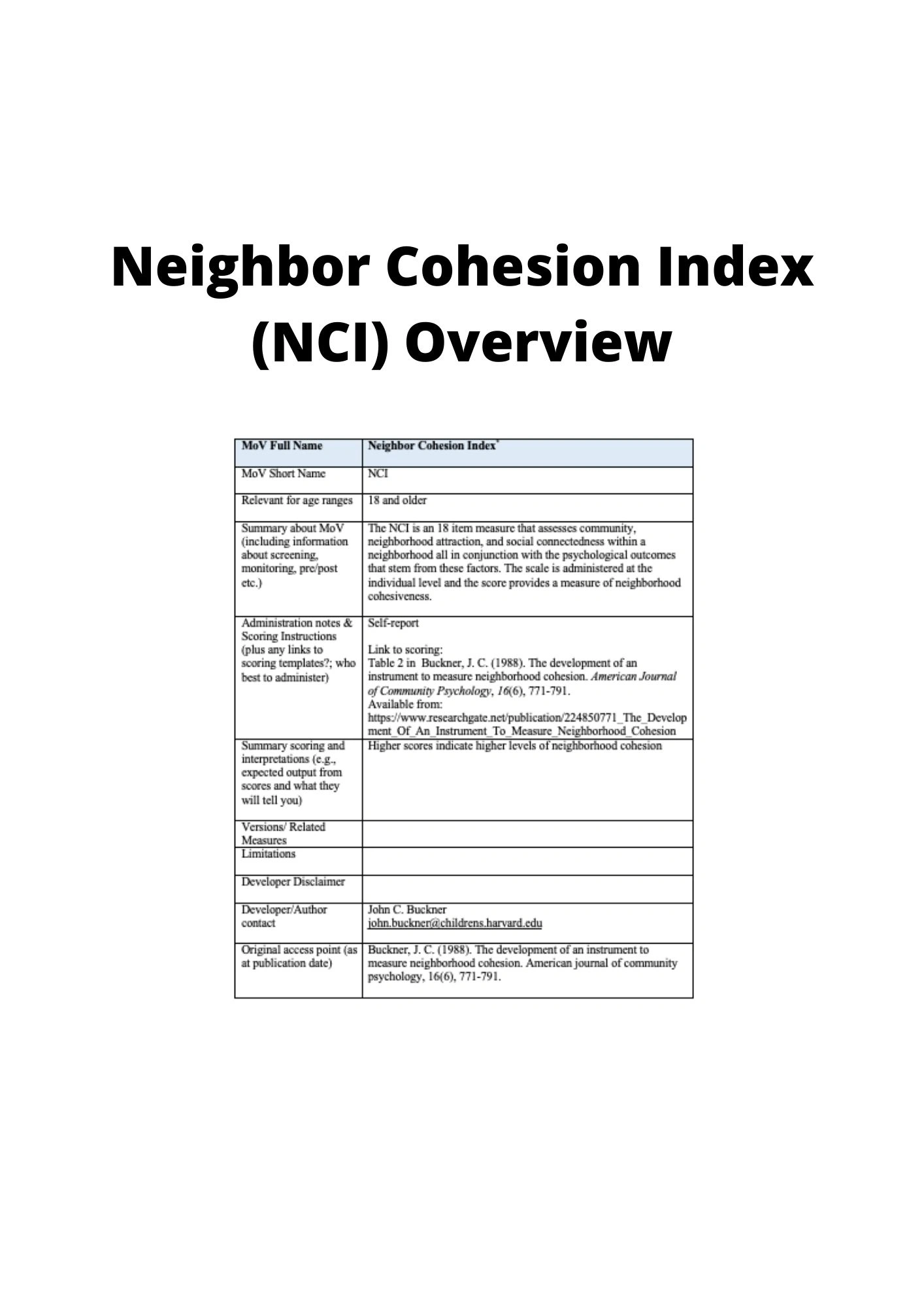 NEIGHBOR COHESION INDEX (NCI) OVERVIEW - IASC MHPSS M&E FRAMEWORK MOV ...