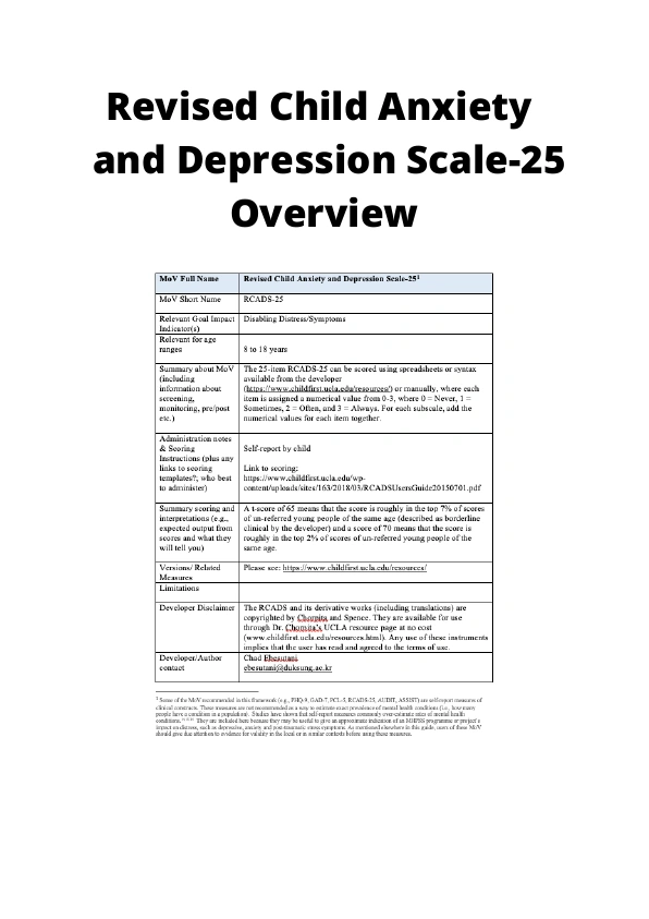 REVISED CHILD ANXIETY AND DEPRESSION SCALE-25 OVERVIEW - IASC MHPSS M&E FRAMEWORK MOV Toolkit ...