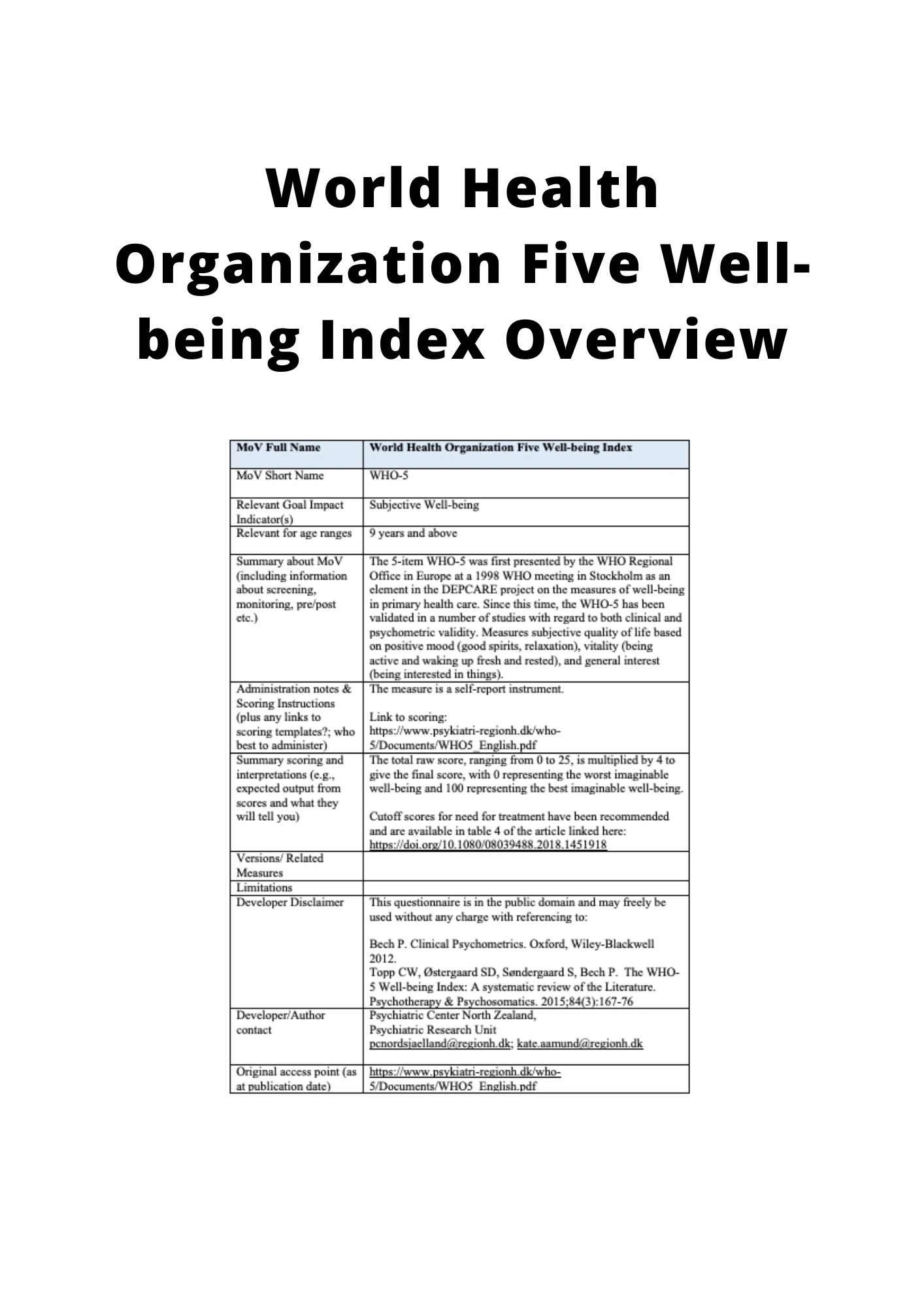 WORLD HEALTH ORGANIZATION FIVE WELL-BEING INDEX OVERVIEW - IASC MHPSS M ... WORLD HEALTH ORGANIZATION FIVE WELL-BEING INDEX OVERVIEW - IASC MHPSS M ...