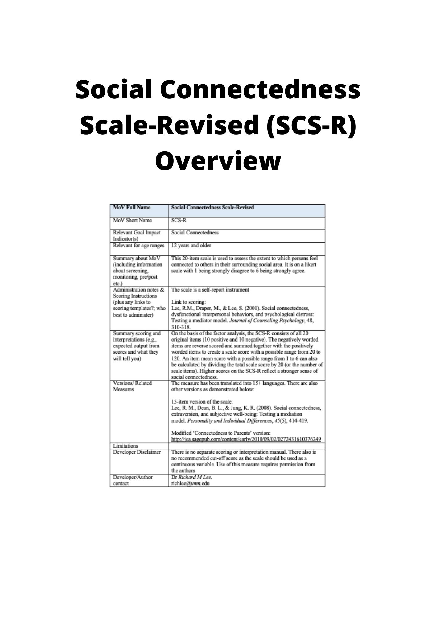 SOCIAL CONNECTEDNESS SCALE-REVISED (SCS-R) OVERVIEW - IASC MHPSS M&E FRAMEWORK MOV Toolkit - The ...