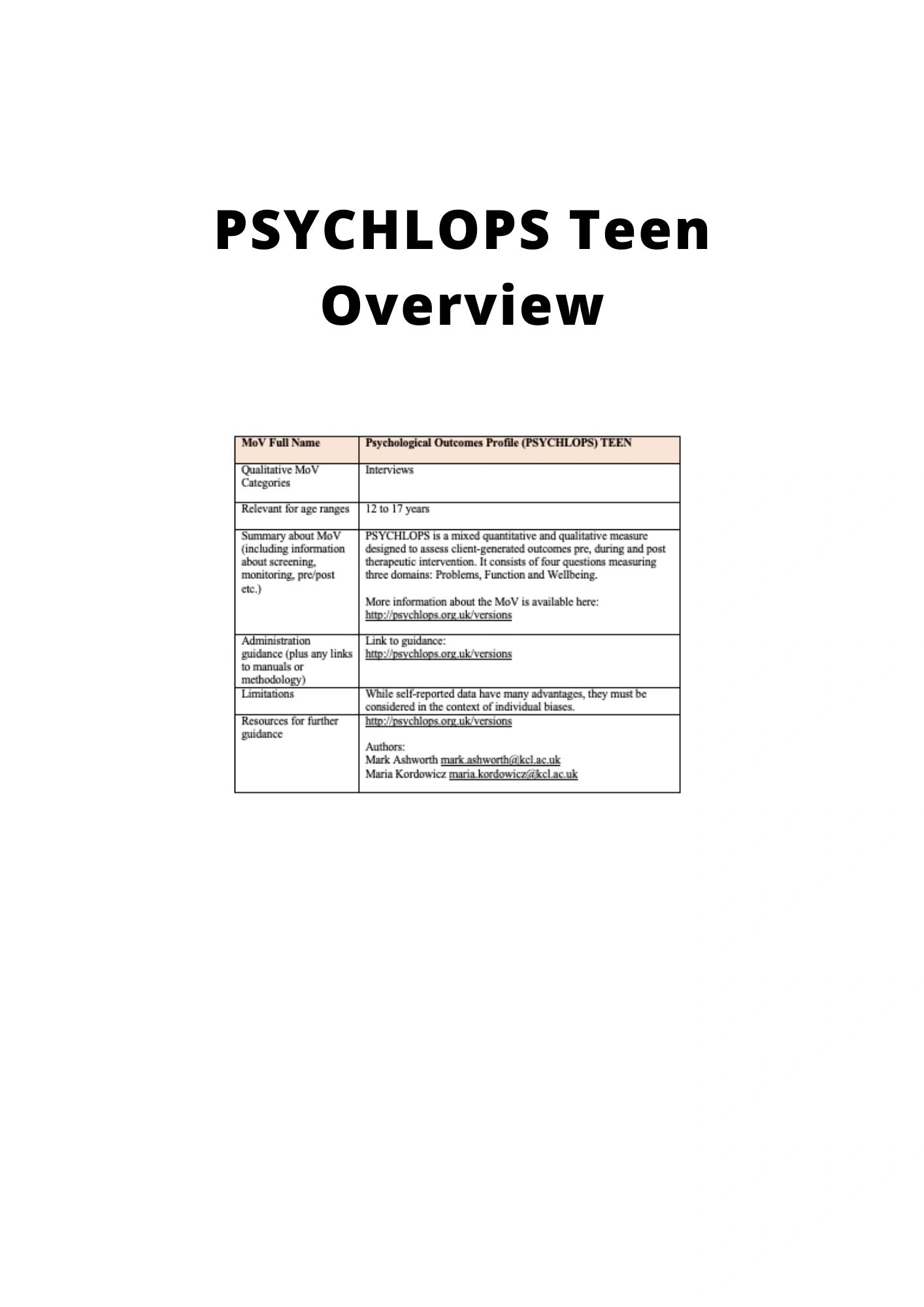 PSYCHOLOGICAL OUTCOME PROFILES (PSYCHLOPS) TEEN OVERVIEW - IASC MHPSS M ...