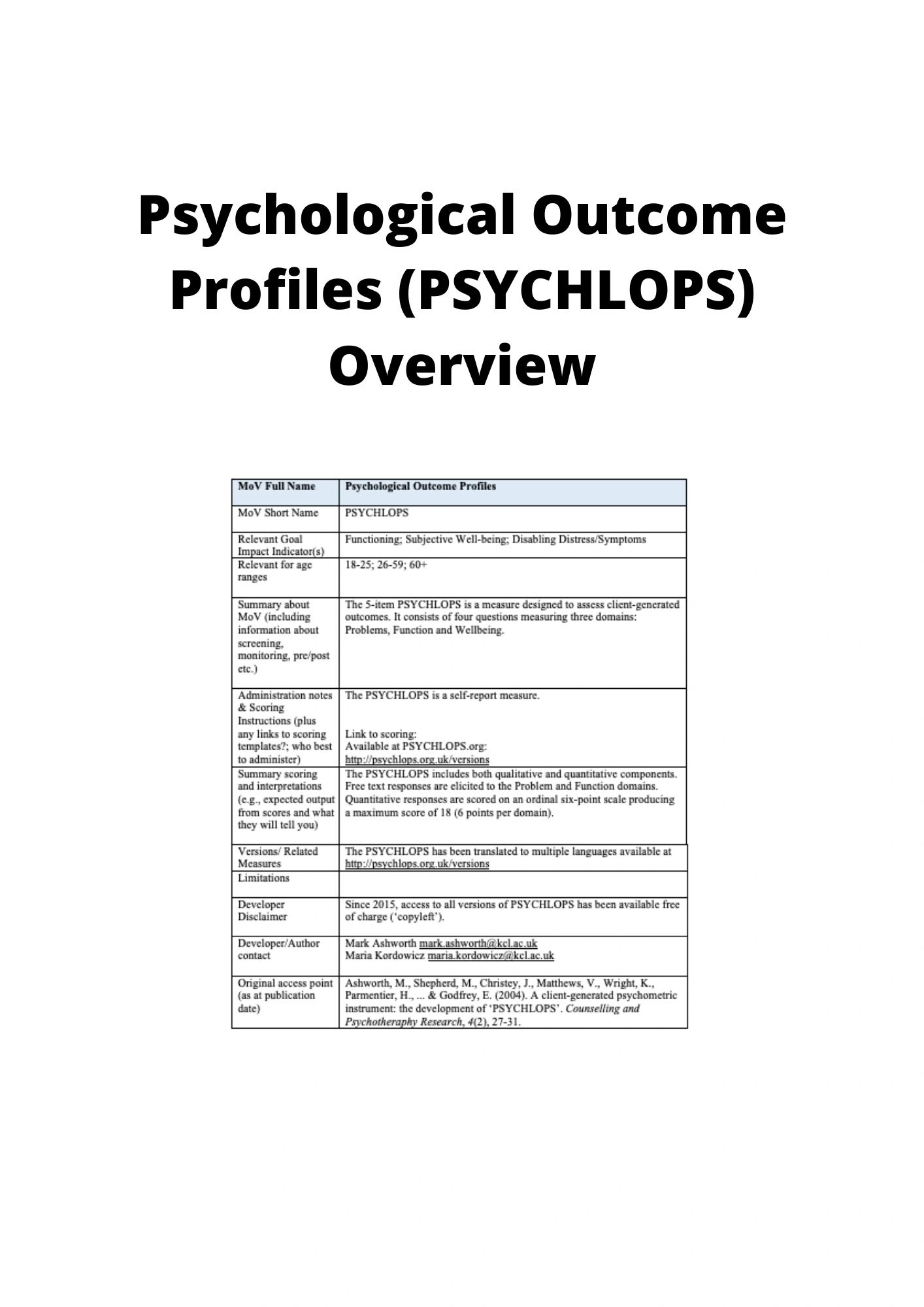 PSYCHOLOGICAL OUTCOME PROFILES (PSYCHLOPS) OVERVIEW - IASC MHPSS M&E ...