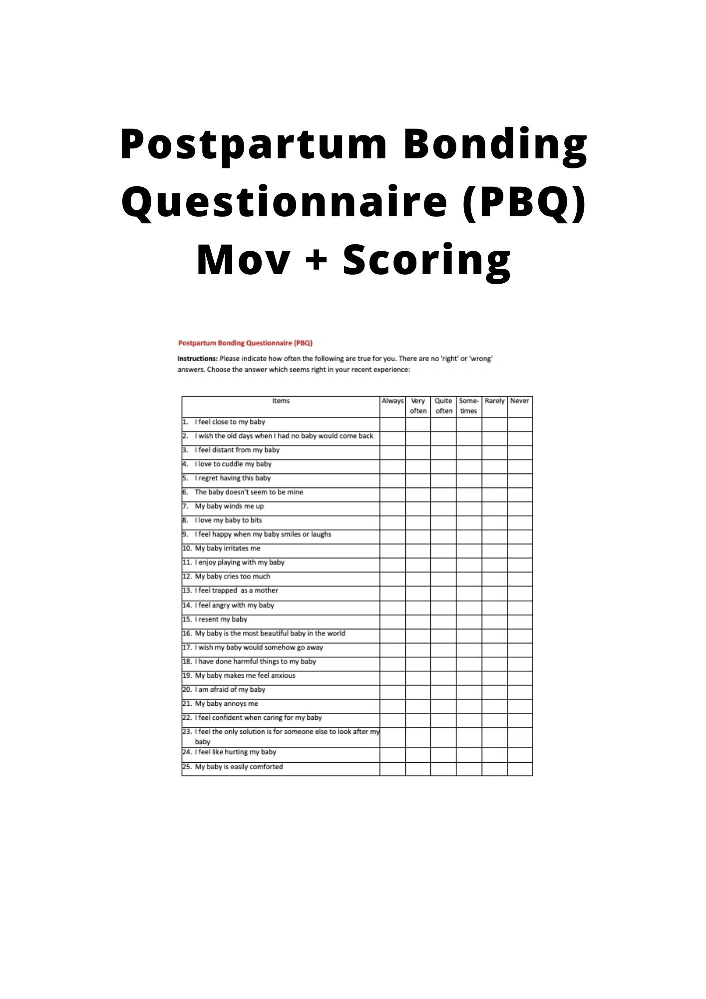 POSTPARTUM BONDING QUESTIONNAIRE (PBQ) MOV + SCORING - IASC MHPSS M&E ...