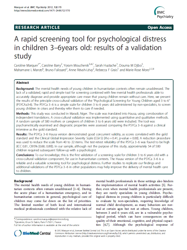 A RAPID SCREENING TOOL FOR PSYCHOLOGICAL DISTRESS IN CHILDREN 3–6YEARS ...