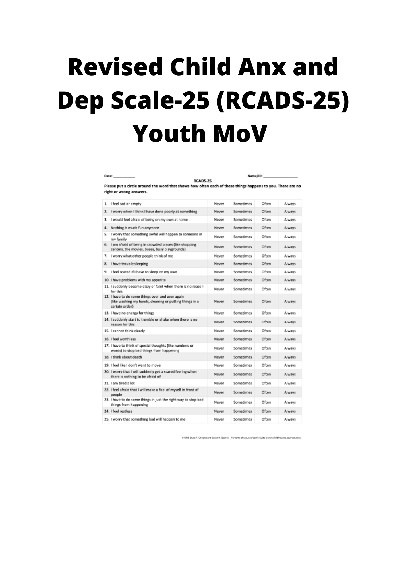 REVISED CHILD ANX AND DEP SCALE-25 (RCADS-25) YOUTH MoV - IASC MHPSS M&E FRAMEWORK MOV Toolkit ...