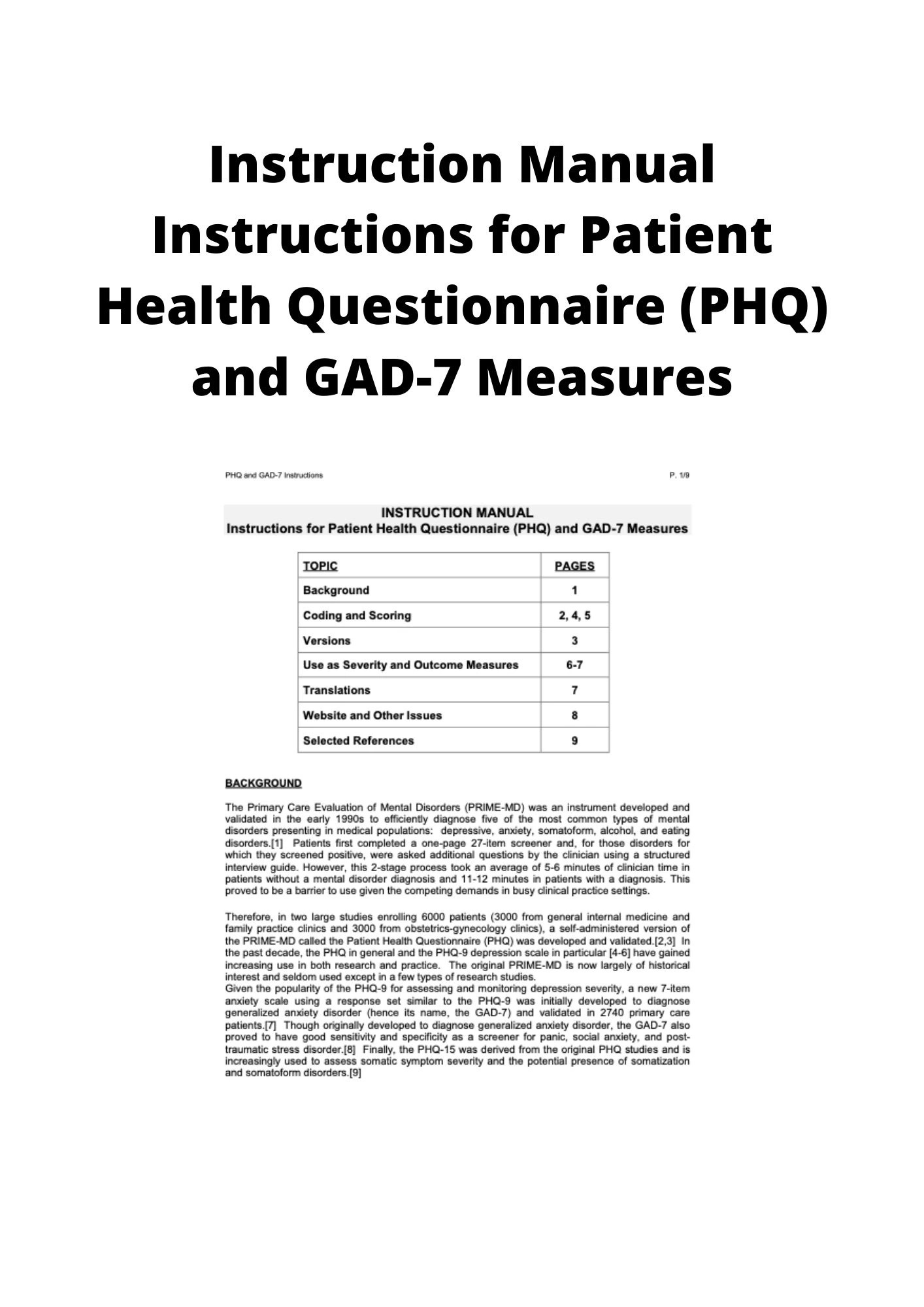 Instruction Manual Instructions For Patient Health Questionnaire Phq