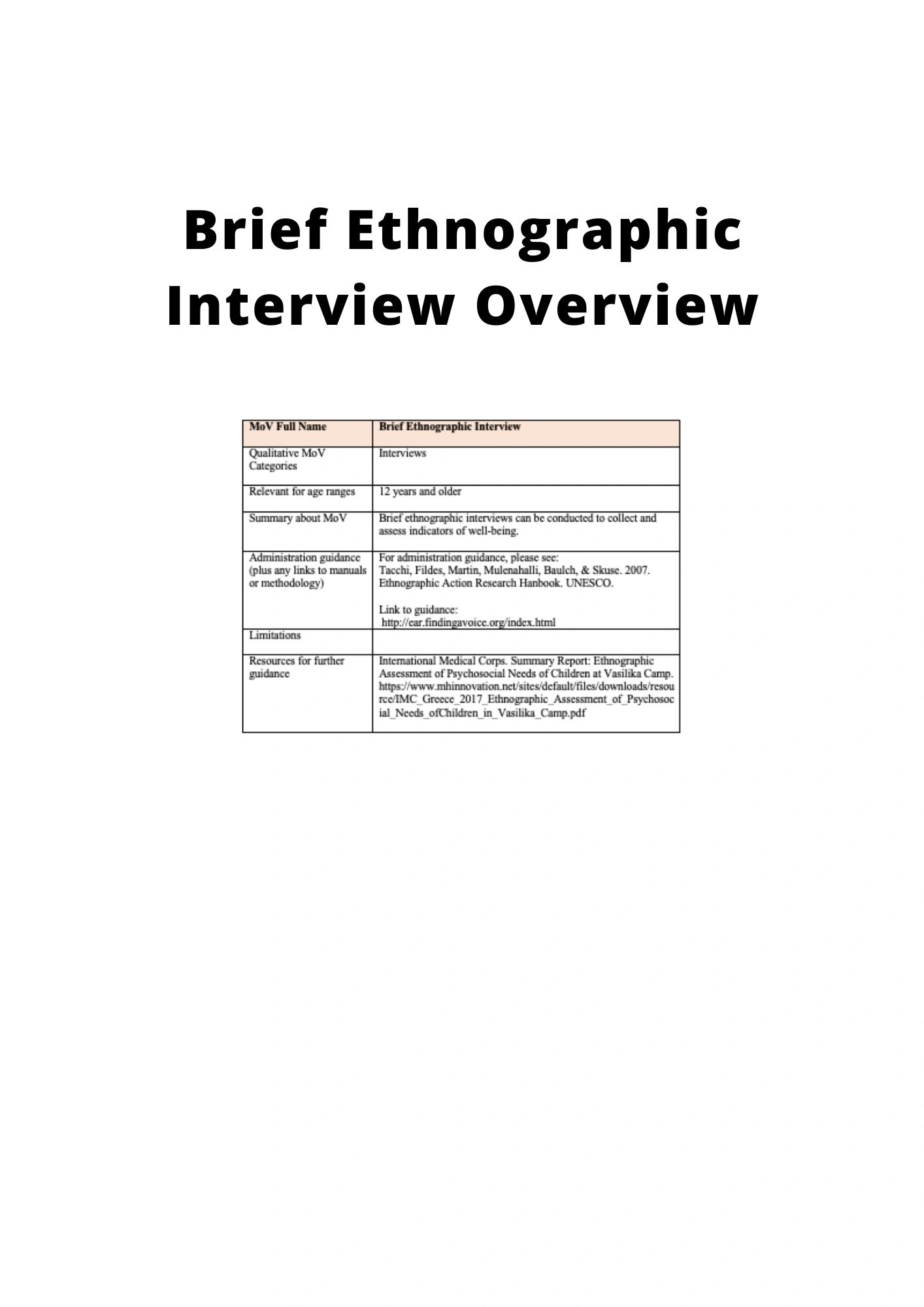 BRIEF ETHNOGRAPHIC INTERVIEW OVERVIEW - IASC MHPSS M&E FRAMEWORK MOV ...