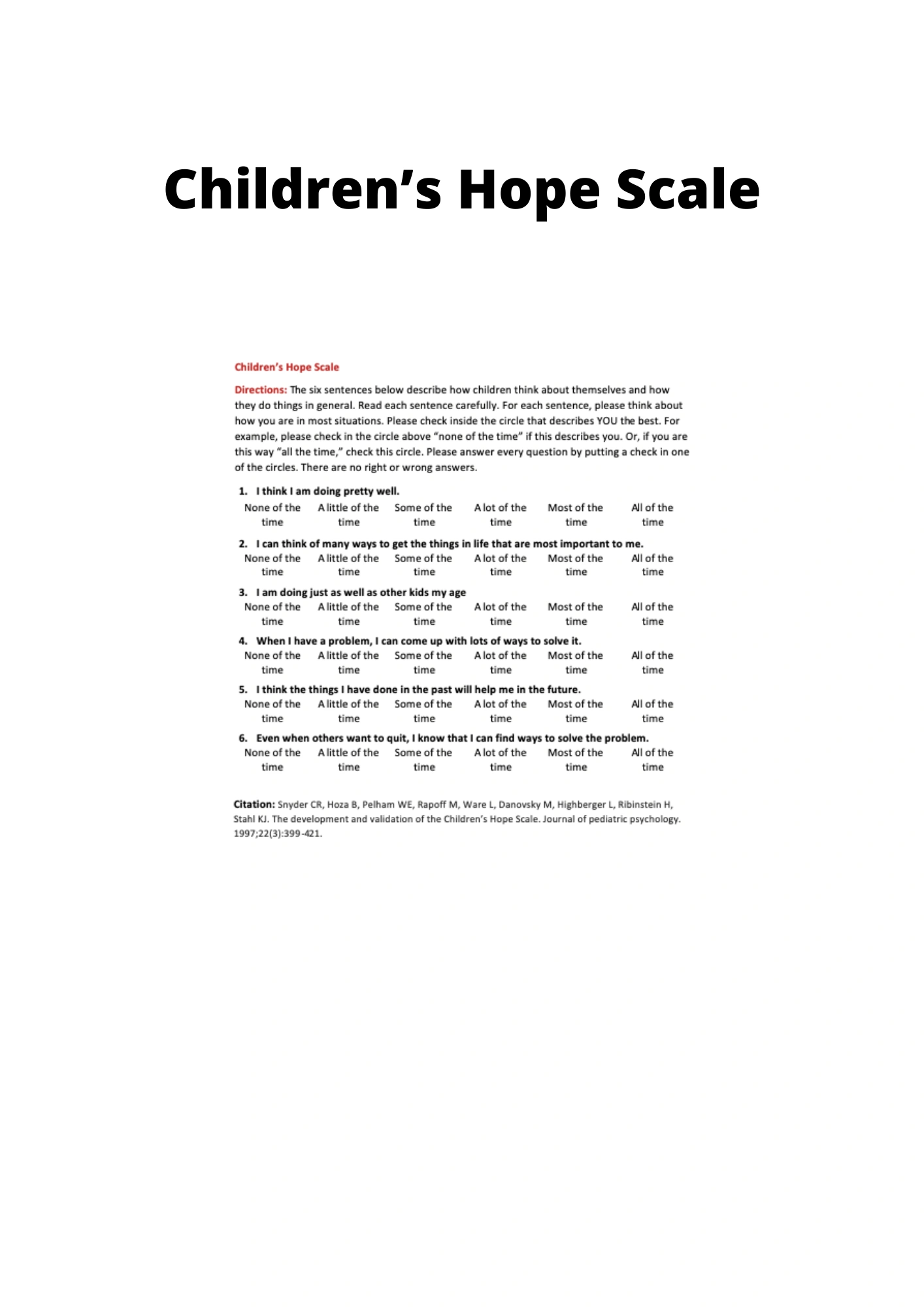 CHILDREN’S HOPE SCALE - IASC MHPSS M&E FRAMEWORK MOV Toolkit - The ...