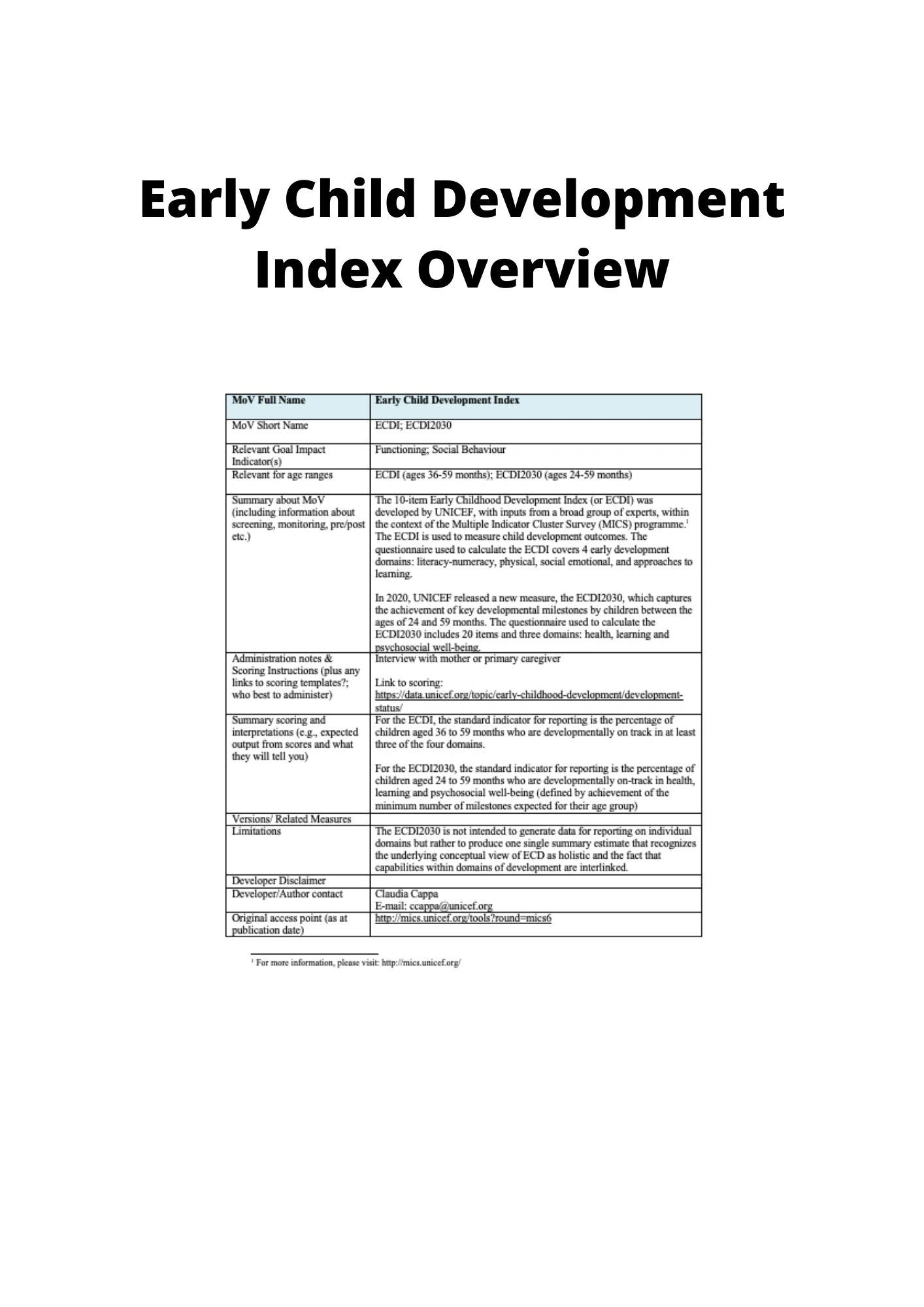 EARLY CHILD DEVELOPMENT INDEX OVERVIEW - IASC MHPSS M&E FRAMEWORK MOV ...