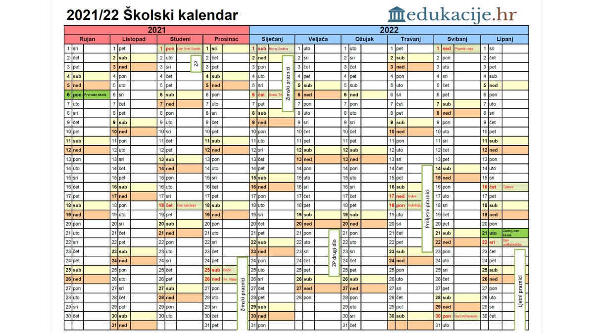 edukacijE.hr | Članak "Školski kalendar u školskoj godini 2021./2022."