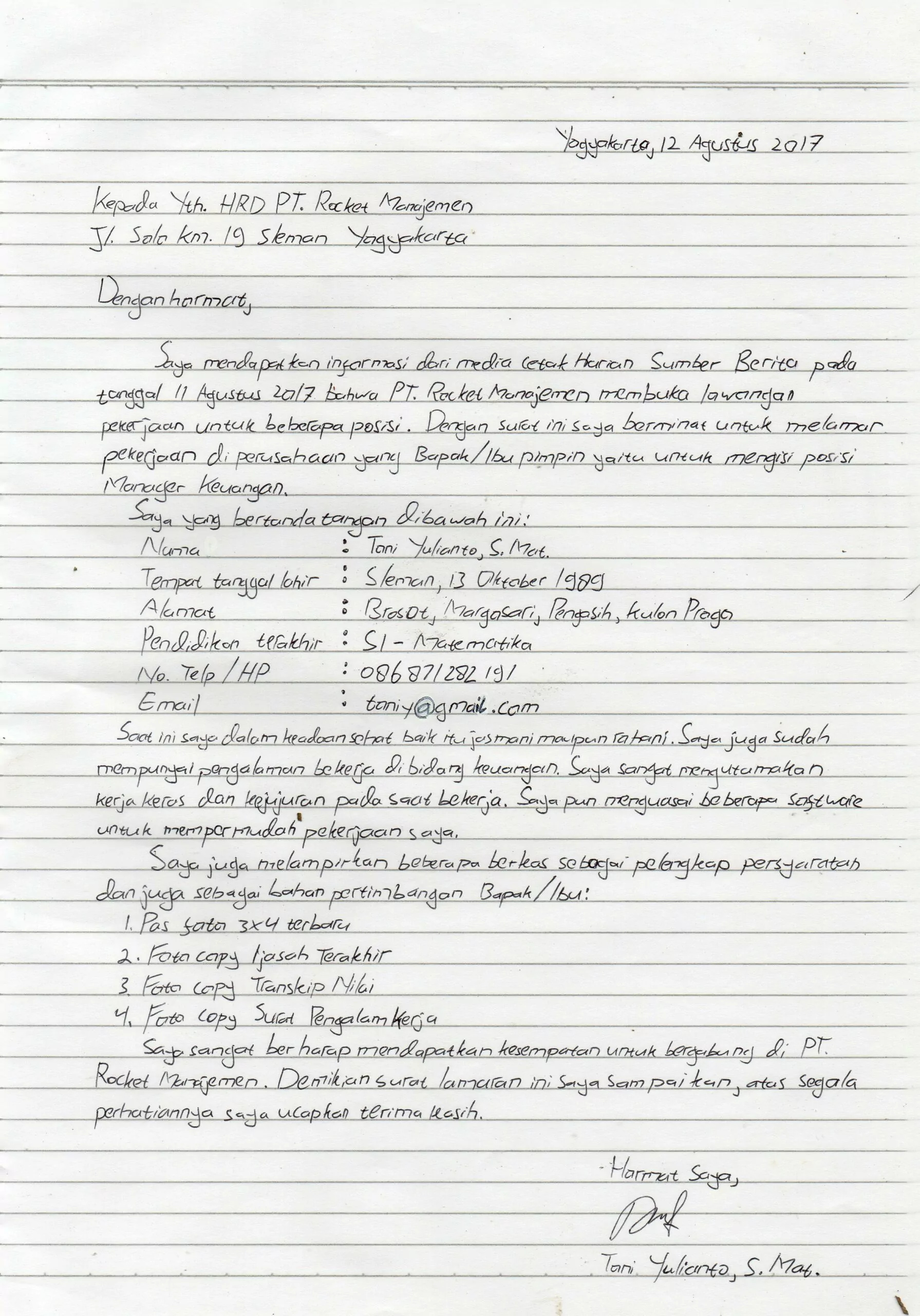 13 Contoh Surat Lamaran Kerja Tulis Tangan & Tips Membuatnya ...