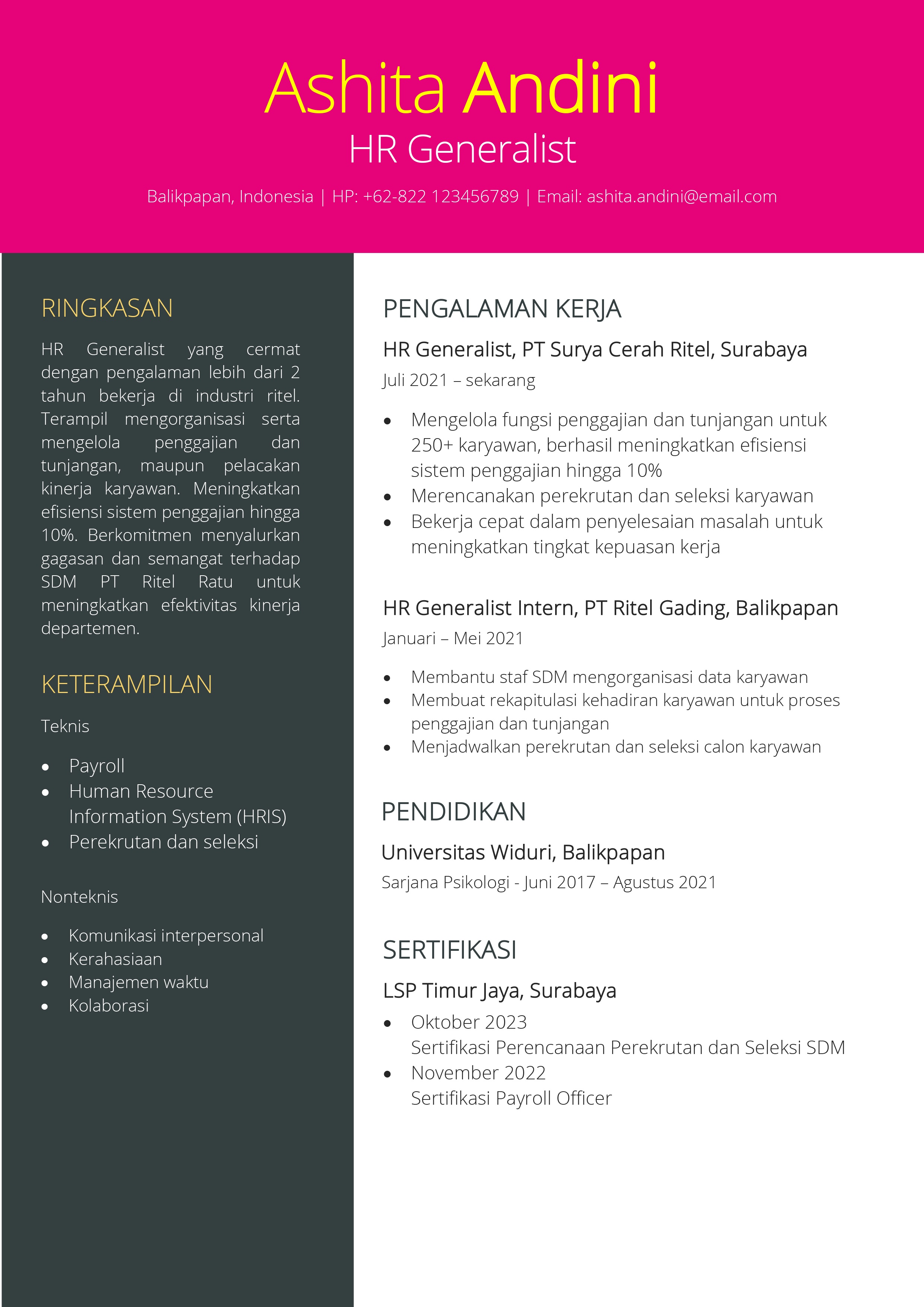 Contoh CV HR Generalist (GRATIS Template) - Jobstreet Indonesia