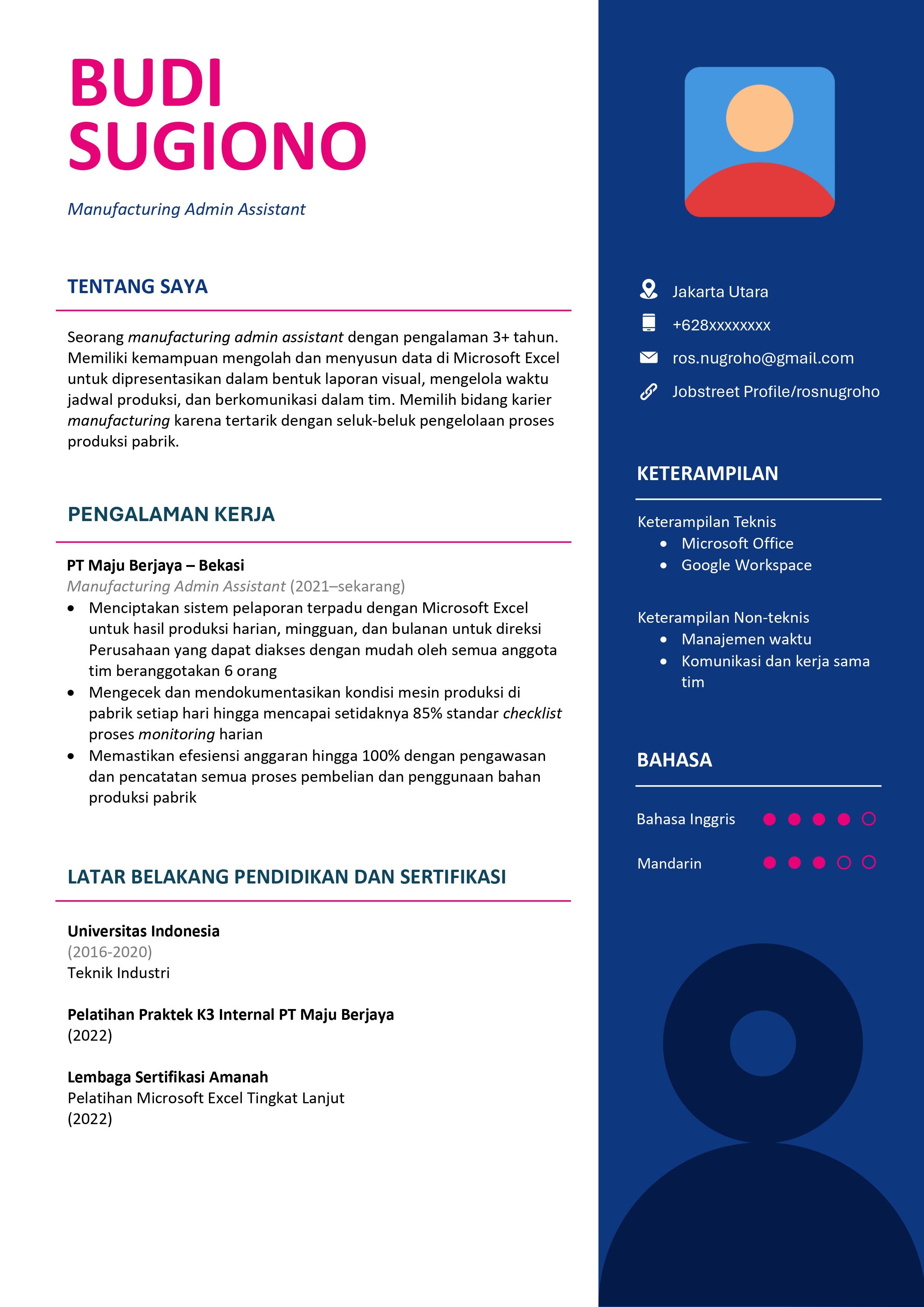 Contoh CV Asisten Admin Produksi (GRATIS Template) - Jobstreet Indonesia