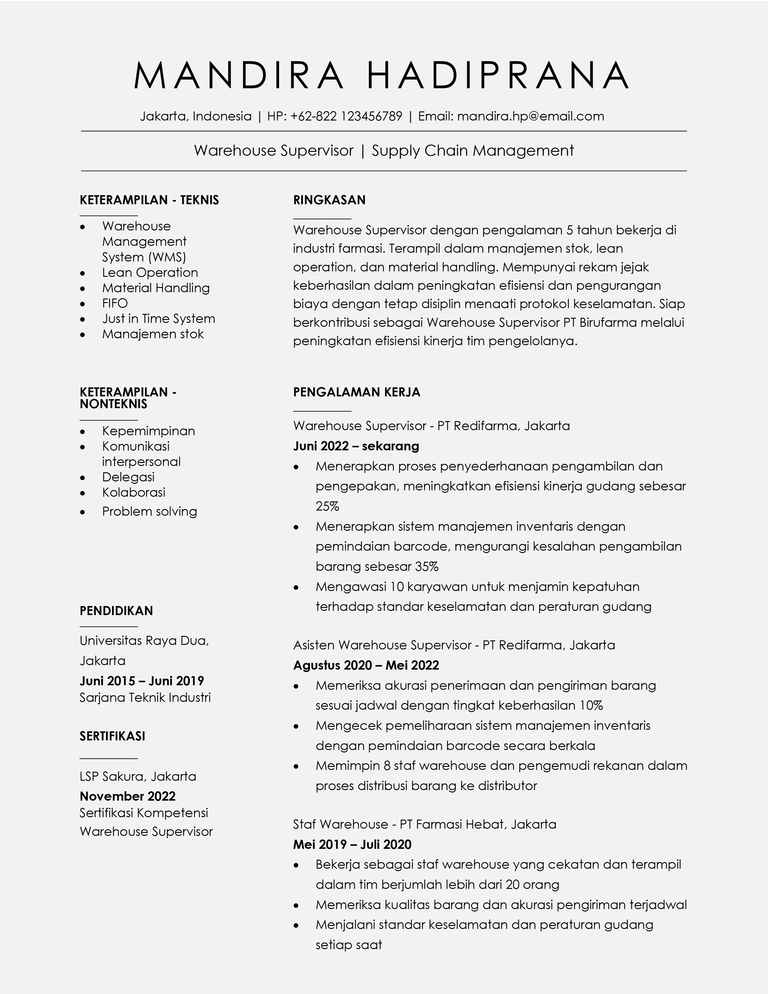 Cara Mengisi Template CV Warehouse Supervisor - Jobstreet Indonesia