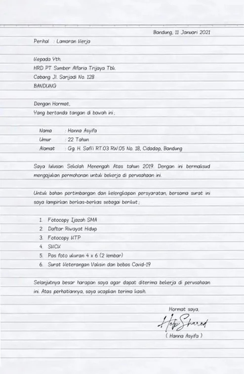 13 Contoh Surat Lamaran Kerja Tulis Tangan & Tips Membuatnya - Jobstreet Indonesia