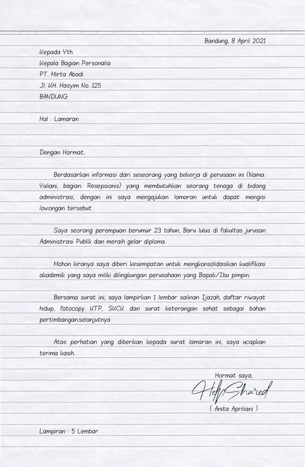 13 Contoh Surat Lamaran Kerja Tulis Tangan & Tips Membuatnya ...