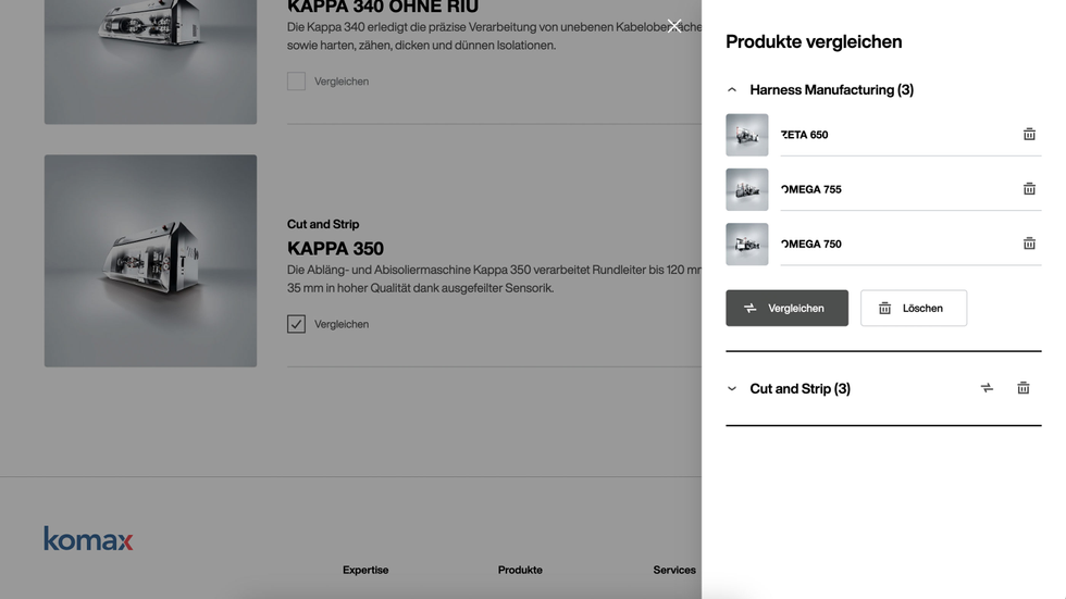 Neue Funktion auf komaxgroup.com: Bessere Entscheidungen mit dem Komax Produktvergleich | Komax