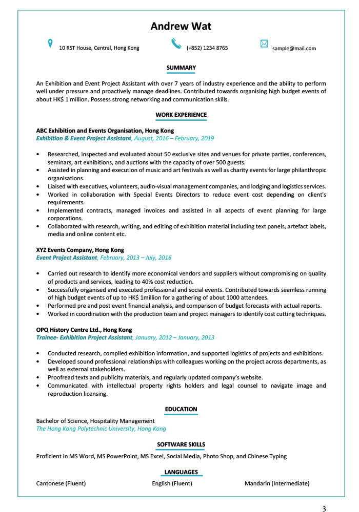 Resume/CV Sample for Exhibition and Event Project Assistant - Jobsdb ...