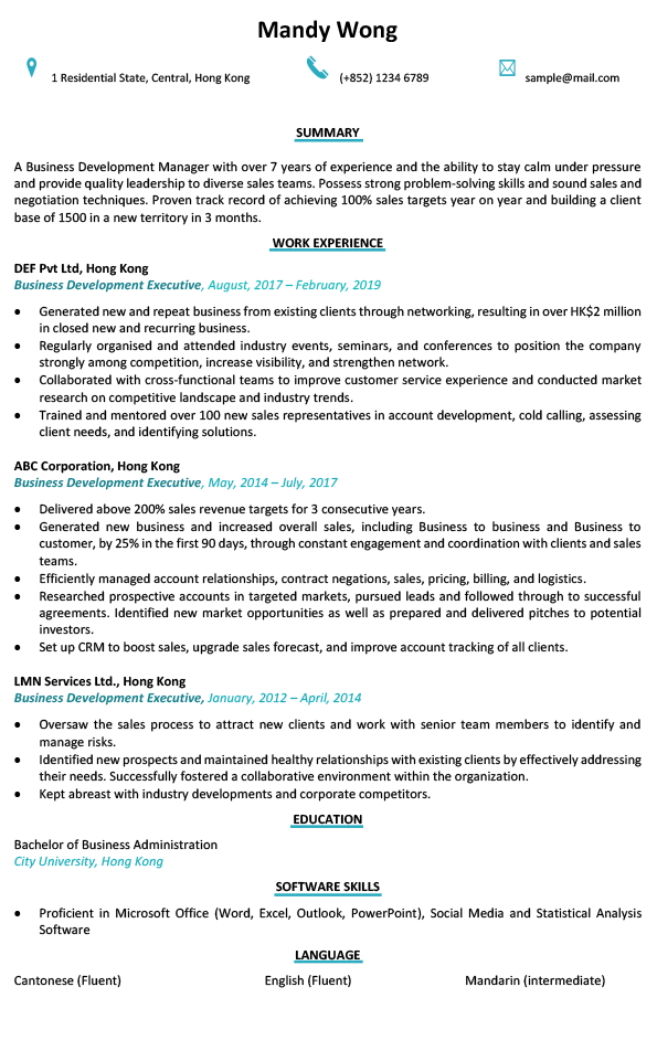 Resume/CV Sample for Business Development Executive - Jobsdb Hong Kong