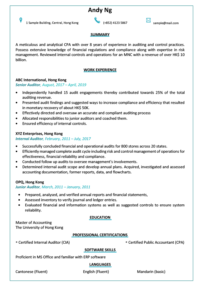 Resume & CV Sample for Auditor - Jobsdb Hong Kong