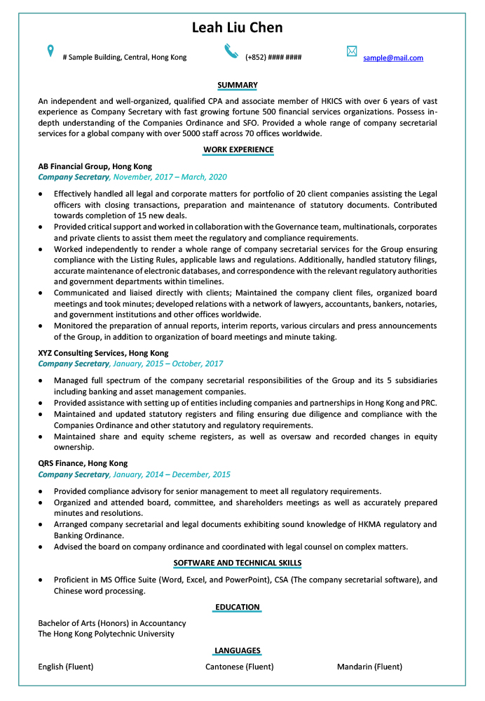 Resume & CV Sample for Company Secretary - Jobsdb Hong Kong